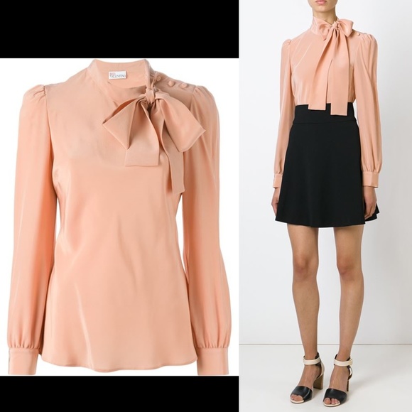 RED Valentino | Tops | Valentino 0 Silk Bow Tie Puff Shoulder Bishop ...